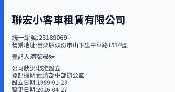 聯宏小客車租賃有限公司的照片-統編 23189069(苗栗縣) 公司登記資料與營業項目詳細圖表
