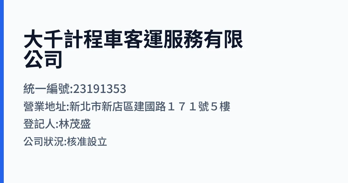 大千計程車客運服務有限公司 - 統編 23191353(新北市) 公司登記資料與營業項目詳細圖表