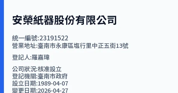 安榮紙器股份有限公司的照片-統編 23191522(臺南市) 公司登記資料與營業項目詳細圖表
