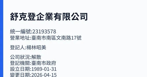 舒克登企業有限公司的照片-統編 23193578(臺南市) 公司登記資料與營業項目詳細圖表