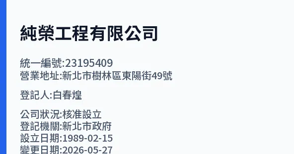純榮工程有限公司的照片-統編 23195409(新北市) 公司登記資料與營業項目詳細圖表