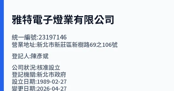雅特電子燈業有限公司的照片-統編 23197146(新北市) 公司登記資料與營業項目詳細圖表