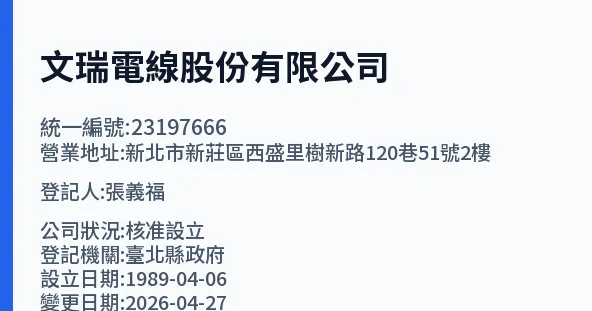 文瑞電線股份有限公司的照片-統編 23197666(新北市) 公司登記資料與營業項目詳細圖表