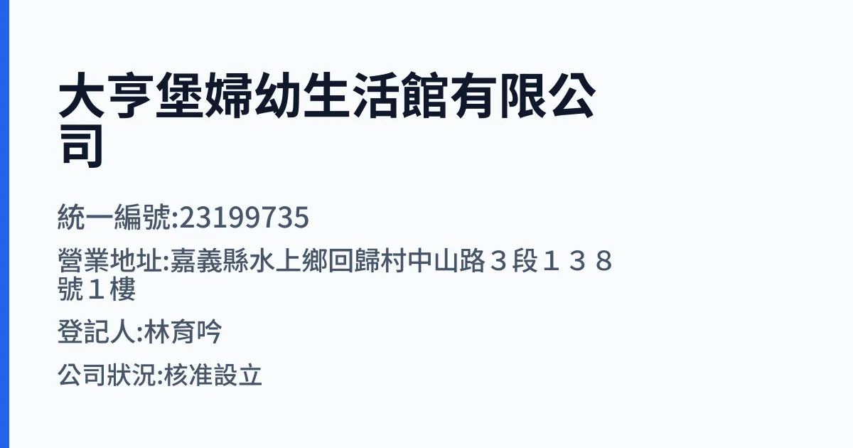 大亨堡婦幼生活館有限公司 - 統編 23199735(嘉義縣) 公司登記資料與營業項目詳細圖表