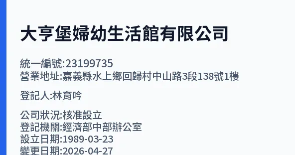 大亨堡婦幼生活館有限公司的照片-統編 23199735(嘉義縣) 公司登記資料與營業項目詳細圖表