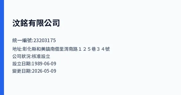 汶銘有限公司的照片-統編 23203175(彰化縣) 公司登記資料與營業項目詳細圖表