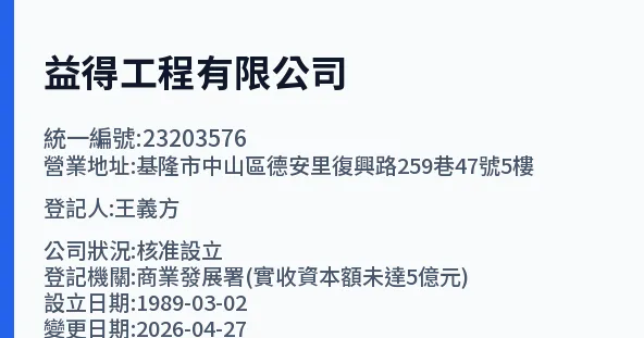 益得工程有限公司的照片-統編 23203576(基隆市) 公司登記資料與營業項目詳細圖表