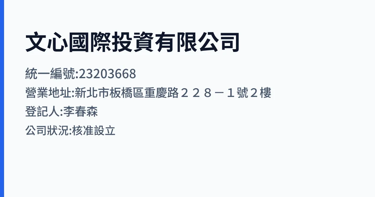 文心國際投資有限公司 - 統編 23203668(新北市) 公司登記資料與營業項目詳細圖表