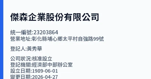 傑森企業股份有限公司的照片-統編 23203864(彰化縣) 公司登記資料與營業項目詳細圖表