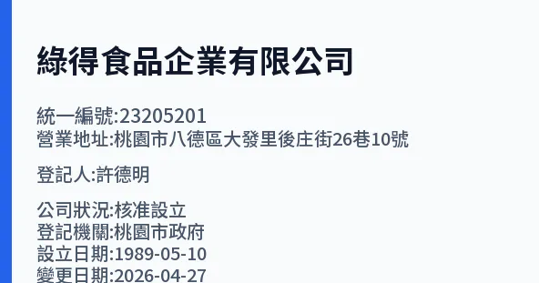 綠得食品企業有限公司的照片-統編 23205201(桃園市) 公司登記資料與營業項目詳細圖表