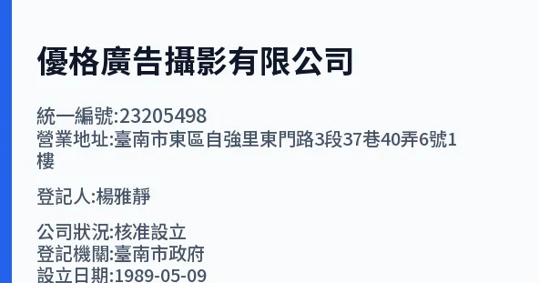 優格廣告攝影有限公司的照片-統編 23205498(臺南市) 公司登記資料與營業項目詳細圖表