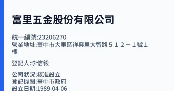 富里五金股份有限公司的照片-統編 23206270(臺中市) 公司登記資料與營業項目詳細圖表