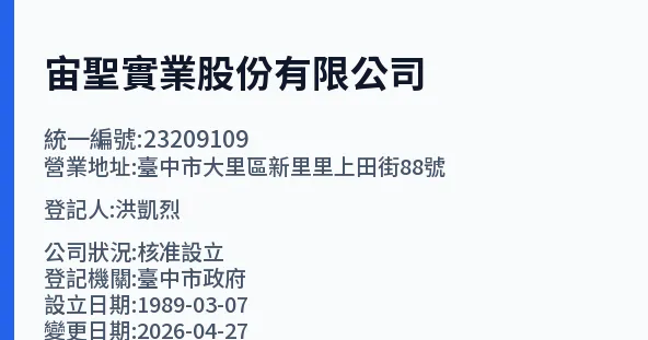 宙聖實業股份有限公司的照片-統編 23209109(臺中市) 公司登記資料與營業項目詳細圖表