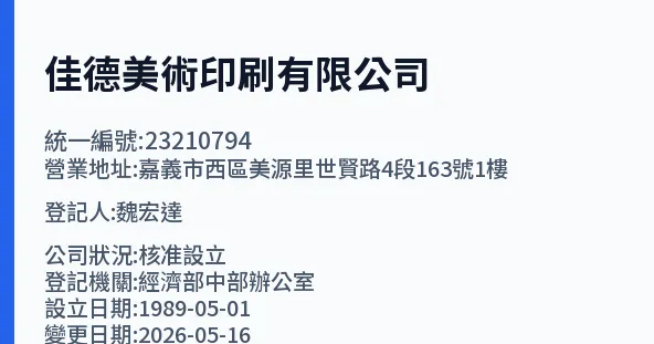佳德美術印刷有限公司的照片-統編 23210794(嘉義市) 公司登記資料與營業項目詳細圖表