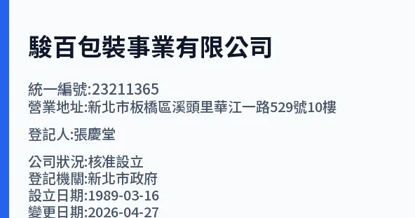 駿百包裝事業有限公司的照片-統編 23211365(新北市) 公司登記資料與營業項目詳細圖表