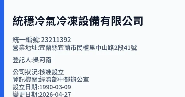統穩冷氣冷凍設備有限公司的照片-統編 23211392(宜蘭縣) 公司登記資料與營業項目詳細圖表