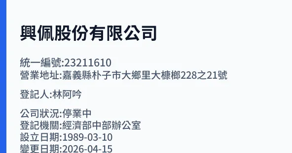 興佩股份有限公司的照片-統編 23211610(嘉義縣) 公司登記資料與營業項目詳細圖表