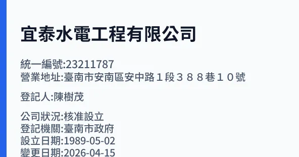 宜泰水電工程有限公司的照片-統編 23211787(臺南市) 公司登記資料與營業項目詳細圖表