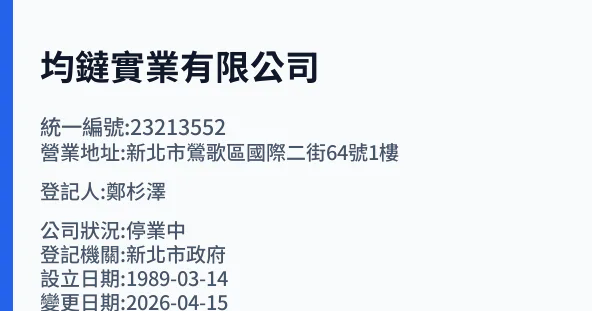 均鐽實業有限公司的照片-統編 23213552(新北市) 公司登記資料與營業項目詳細圖表