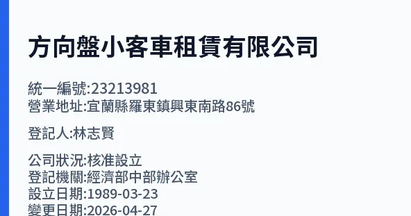 方向盤小客車租賃有限公司的照片-統編 23213981(宜蘭縣) 公司登記資料與營業項目詳細圖表
