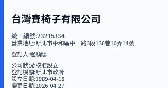 台灣寶椅子有限公司的照片-統編 23215334(新北市) 公司登記資料與營業項目詳細圖表