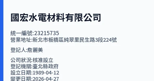 國宏水電材料有限公司的照片-統編 23215735(新北市) 公司登記資料與營業項目詳細圖表