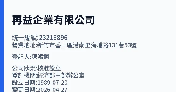 再益企業有限公司的照片-統編 23216896(新竹市) 公司登記資料與營業項目詳細圖表