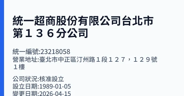 統一超商股份有限公司台北市第１３６分公司的照片-統編 23218058(臺北市) 公司登記資料與營業項目詳細圖表