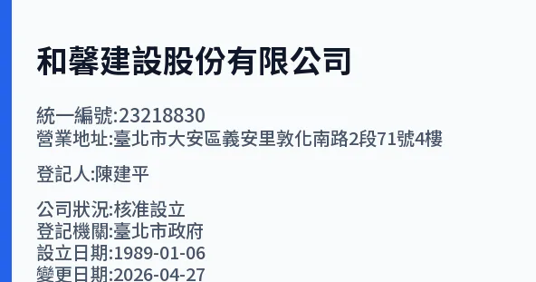 和馨建設股份有限公司的照片-統編 23218830(臺北市) 公司登記資料與營業項目詳細圖表