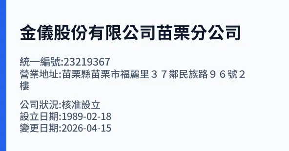金儀股份有限公司苗栗分公司的照片-統編 23219367(苗栗縣) 公司登記資料與營業項目詳細圖表
