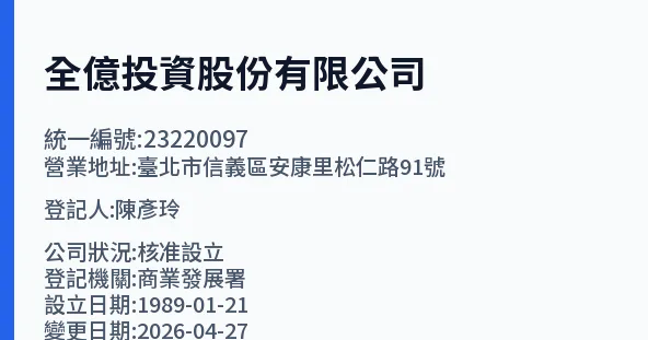 全億投資股份有限公司的照片-統編 23220097(臺北市) 公司登記資料與營業項目詳細圖表
