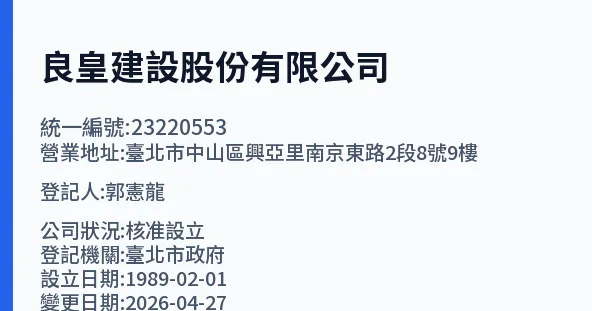 良皇建設股份有限公司的照片-統編 23220553(臺北市) 公司登記資料與營業項目詳細圖表