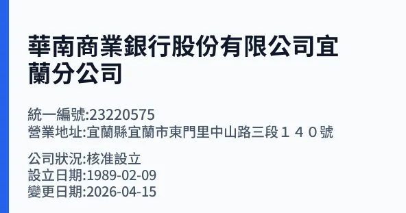 華南商業銀行股份有限公司宜蘭分公司的照片-統編 23220575(宜蘭縣) 公司登記資料與營業項目詳細圖表