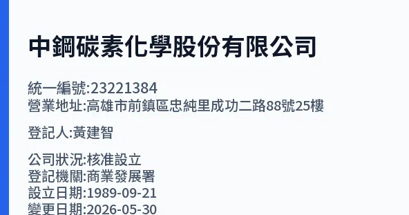 中鋼碳素化學股份有限公司的照片-統編 23221384(高雄市) 公司登記資料與營業項目詳細圖表