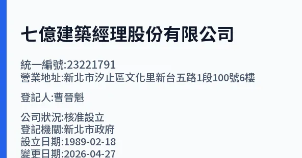 七億建築經理股份有限公司的照片-統編 23221791(新北市) 公司登記資料與營業項目詳細圖表