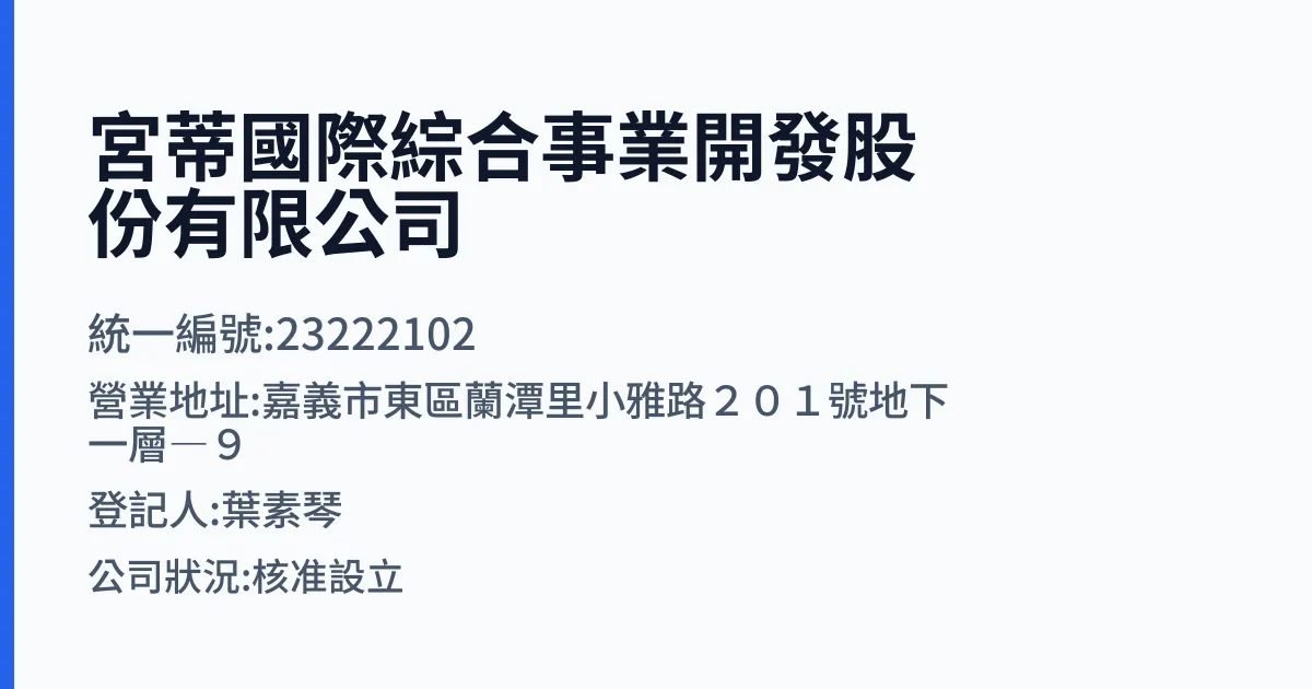 宮蒂國際綜合事業開發股份有限公司 - 統編 23222102(嘉義市) 公司登記資料與營業項目詳細圖表
