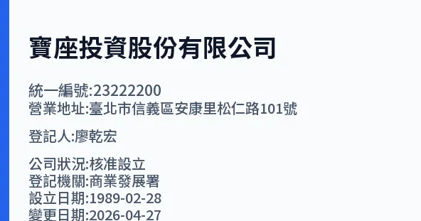 寶座投資股份有限公司的照片-統編 23222200(臺北市) 公司登記資料與營業項目詳細圖表
