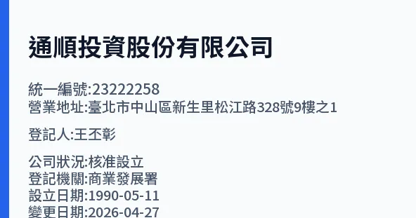 通順投資股份有限公司的照片-統編 23222258(臺北市) 公司登記資料與營業項目詳細圖表