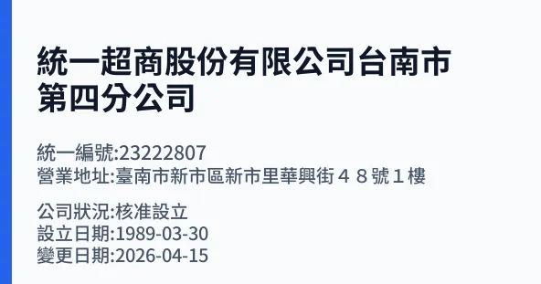 統一超商股份有限公司台南市第四分公司的照片-統編 23222807(臺南市) 公司登記資料與營業項目詳細圖表