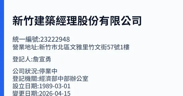 新竹建築經理股份有限公司的照片-統編 23222948(新竹市) 公司登記資料與營業項目詳細圖表