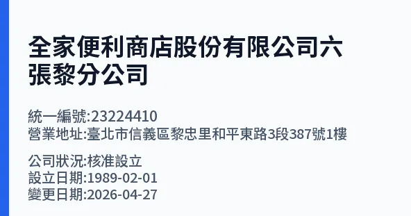 全家便利商店股份有限公司六張黎分公司的照片-統編 23224410(臺北市) 公司登記資料與營業項目詳細圖表