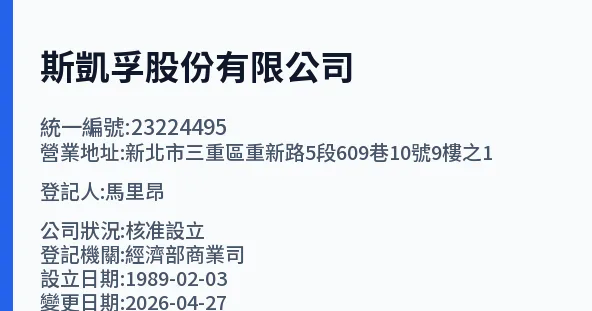 斯凱孚股份有限公司的照片-統編 23224495(新北市) 公司登記資料與營業項目詳細圖表