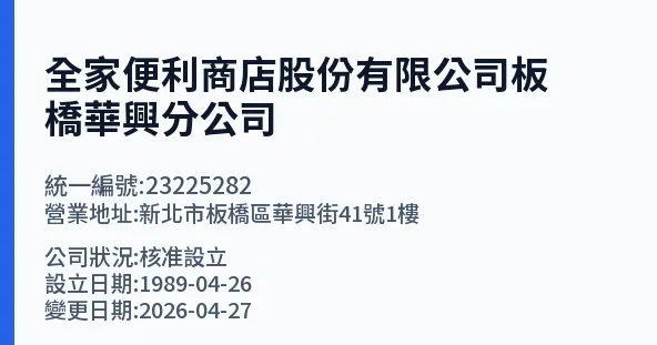 全家便利商店股份有限公司板橋華興分公司的照片-統編 23225282(新北市) 公司登記資料與營業項目詳細圖表
