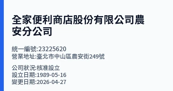 全家便利商店股份有限公司農安分公司的照片-統編 23225620(臺北市) 公司登記資料與營業項目詳細圖表