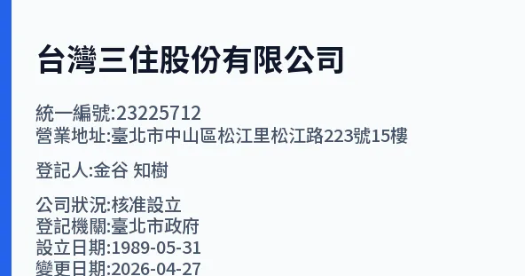 台灣三住股份有限公司的照片-統編 23225712(臺北市) 公司登記資料與營業項目詳細圖表