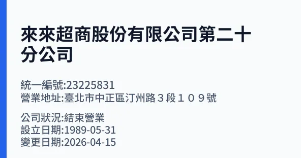 來來超商股份有限公司第二十分公司的照片-統編 23225831(臺北市) 公司登記資料與營業項目詳細圖表