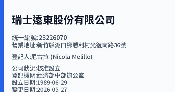 瑞士遠東股份有限公司的照片-統編 23226070(新竹縣) 公司登記資料與營業項目詳細圖表
