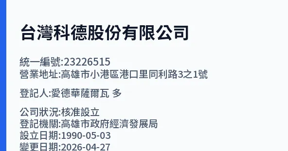 台灣科德股份有限公司的照片-統編 23226515(高雄市) 公司登記資料與營業項目詳細圖表