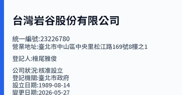 台灣岩谷股份有限公司的照片-統編 23226780(臺北市) 公司登記資料與營業項目詳細圖表
