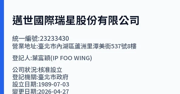邁世國際瑞星股份有限公司的照片-統編 23233430(臺北市) 公司登記資料與營業項目詳細圖表